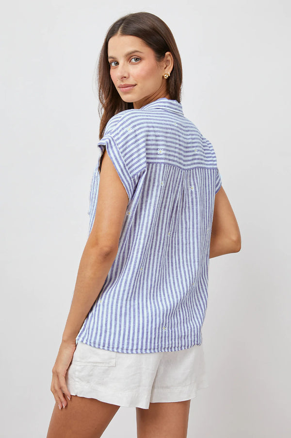 WHITNEY TOP - BLUE STRIPE DAISY EMBROIDERY - White Cherry Boutique